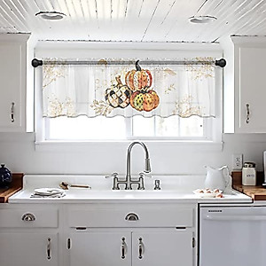 Chiffon Window Valance Kitchen Curtains Fall Thanksgiving Pumpkin White,Rod Pocket Tier Curtain Light Filter Panel,Farmhouse Gold Foil Botanical Windows Valances Drapes for Bedroom,Bathroom 54x18In