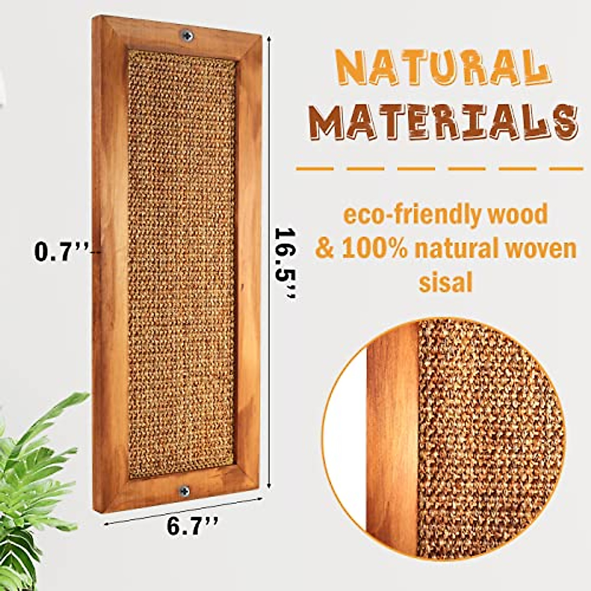 LSAIFATER Cat Scratching Post, Wooden Sisal Cat Wall Scratcher, Floor or Wall Mounted Vertical Cat Scratch Pad for Indoor Cats Adults or Kittens, Cat Wall Furniture Protector