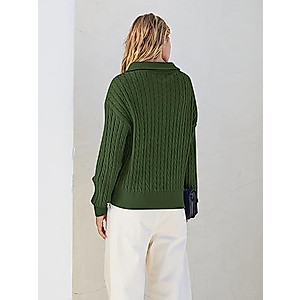 MEROKEETY Women's 2023 Long Sleeve 1/4 Zipper Sweaters V Neck Cable Knit Pullover Tops Army Green Medium