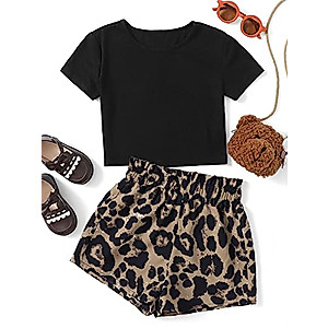 SOLY HUX Girl's Summer 2 Piece Outfits Short Sleeve Crop Top and Cute Print Shorts Sets Cute Clothing Set Black 8Y