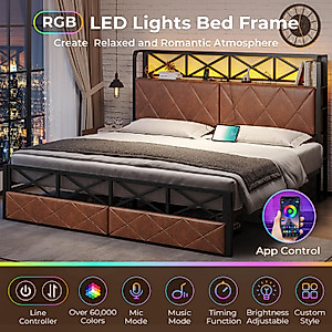 DICTAC King LED Bed Frame with Hidden Storage Headboard, Brown Leather Upholstered Bed Frame with 2 Drawers, Metal Platform King Led Headboard with Charging Station