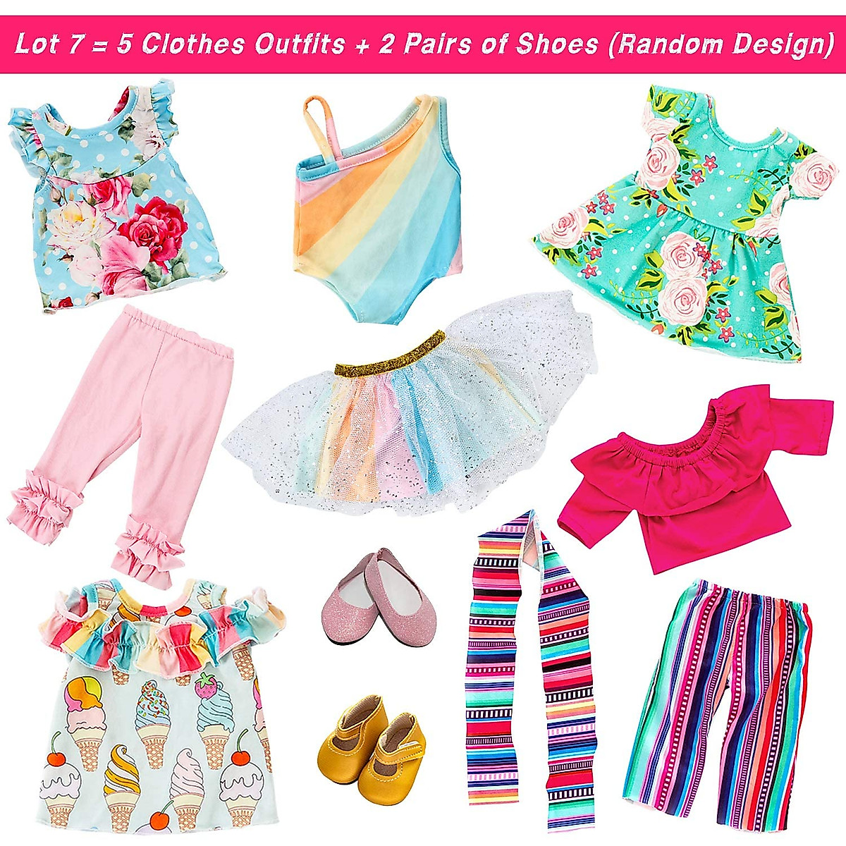 ZITA ELEMENT 11 Pcs American Doll Clothes Dress and Accessories for 18 inch Doll - 5 Sets Doll Outfits + 2 Pairs Random Style Shoes for 18 Inch Doll