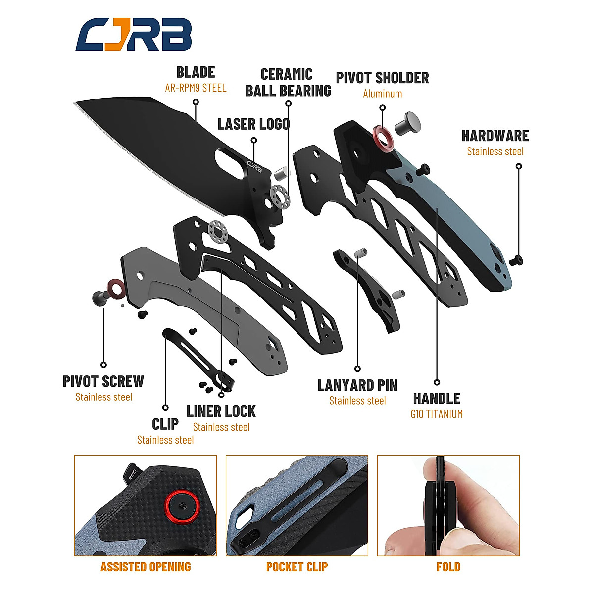 CJRB Folding Pocket Knife Caldera (J1923) AR-RPM9 Powder Steel Blue G10 Handle for Men EDC Camping Hiking Outdoor