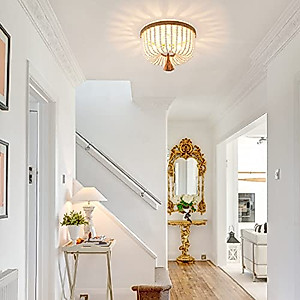 VILUXY Bohemia Wood Beaded Flush Mount Ceiling Light Antique Rustic Mini Chandelier White Finishing for Bedroom, Kitchen Island, Girl Room 3-Light