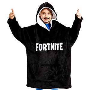 FORTNITE Oversized Hoodie Blanket Kids Fleece Extra Long Wearable Blanket Hooded Poncho Boys Girls Teens 14+ (Black)