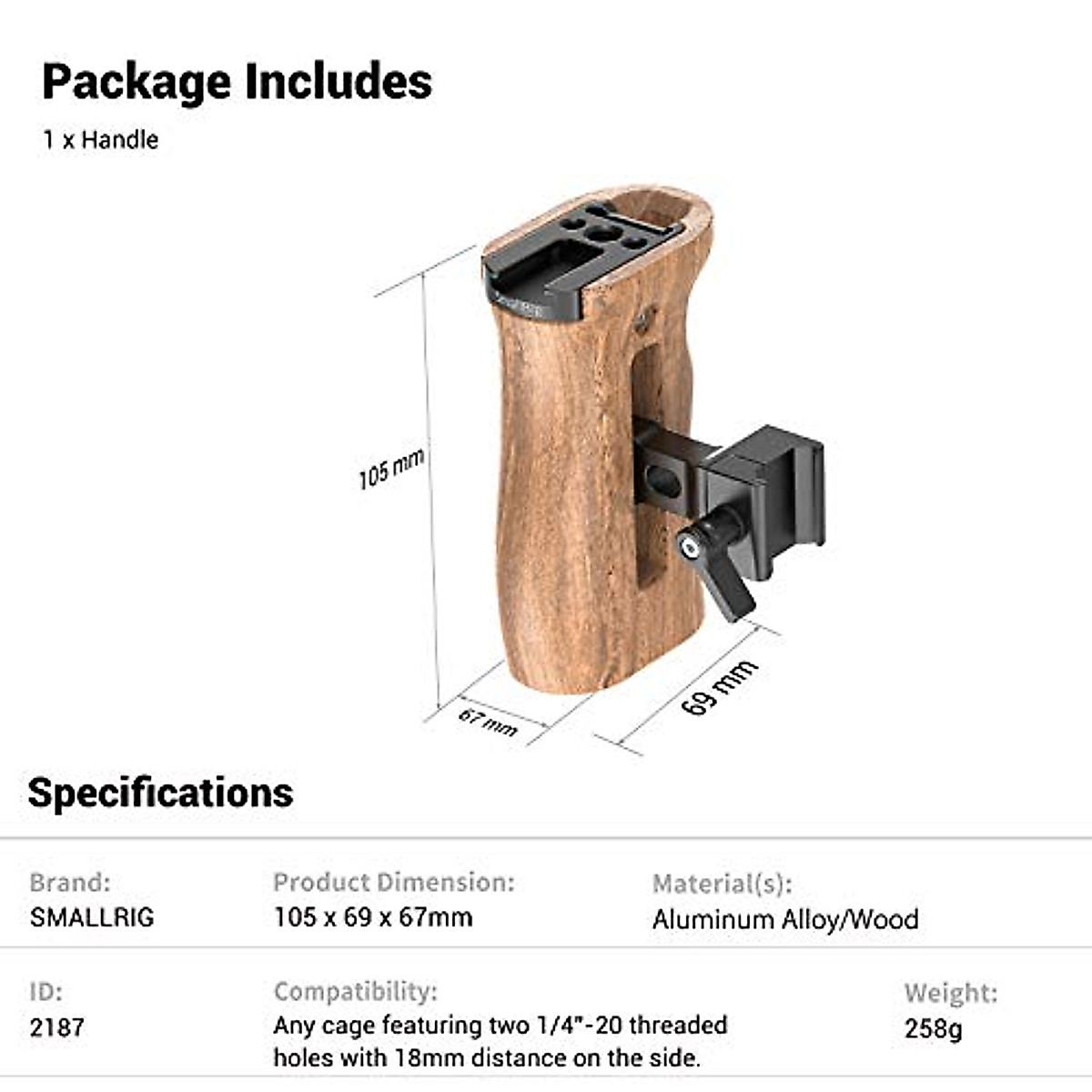 SmallRig Universal Side Wooden NATO Handle Grip DSLR Camera Cage w/Cold Shoe Mount Built-in Wrench, Threaded Holes – 2187