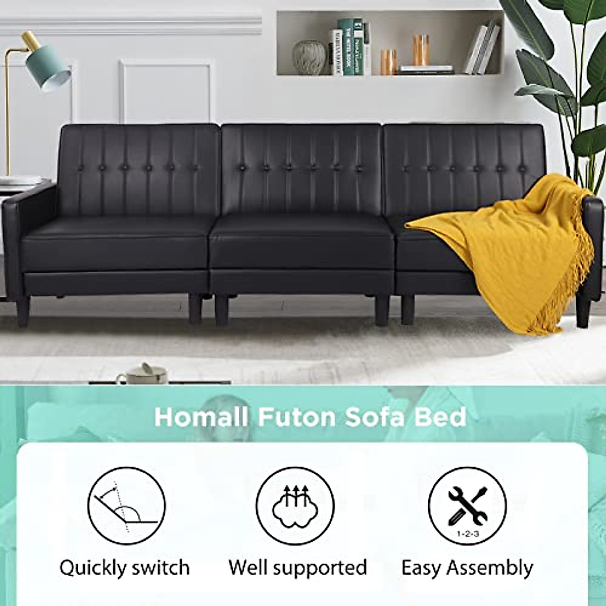VUYUYU 107/'' Futon Sofa Couch Bed, Faux Leather 3-Seater Couches for Living Room, Mid-Century Modern Tufted Convertible Recliner Sleeper Small Space with Armrest/Side Pockets, Black-3 Seater