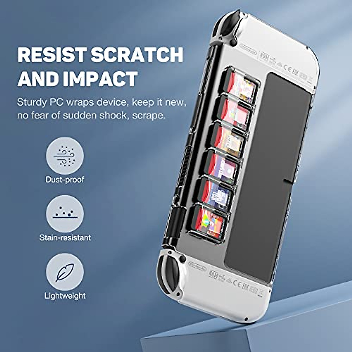 MoKo Case Compatible with Nintendo Switch OLED Model 2021, PC Protective Accessories Cover Case with 6 Game Card Slots and 6 Thumb Caps & 2 Tempered Glass Screen Protectors, Clear+Blue