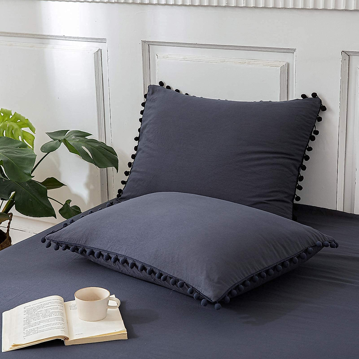 Navy Blue Pom Poms Pillowcases, Dark Blue Standard Queen 20x30 Inches Pillowcases Set of 2, 100% Washed Microfiber, Navy Fringe Pillow Shams, 2 Pack (Standard, Navy Blue)