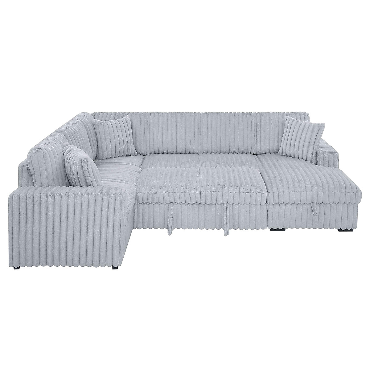 DEINPPA 122 Inch Sleeper Sofa Couch with Pullout Bed, Chunky Furry Corduroy Sectional Sofa with Storage Chaise and Charging Ports, Large Sectional Couches for Living Room-Grey