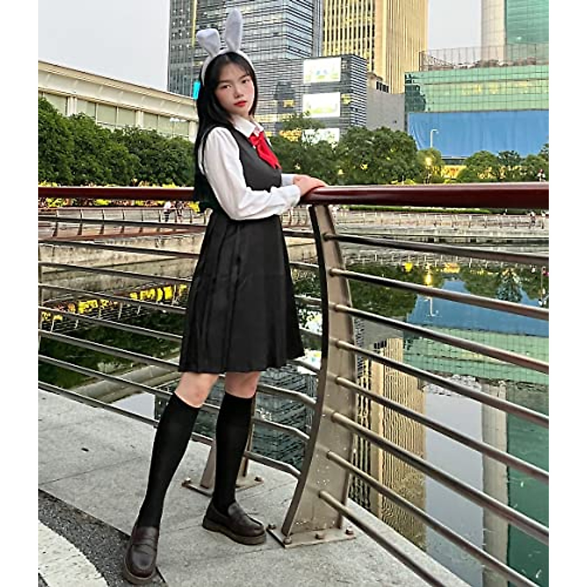 Classic Japanese School Girls Sailor Suit Dress Shirt Skirt JK Kawaii Anime Bunny Ears Cosplay Costumes Socks Bow Set Black XL