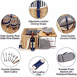 Wicker Picnic Basket for 2 Persons Picnic Kit, Willow Hamper Service Gift Set with Bamboo Wine Table for Camping and Outdoor Party