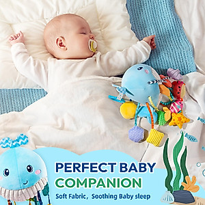 Jollybaby Plush Stuffed Activity Pull String Hanging Toys for Stroller Car Seat Crib or Gym, Montessori Sensory Carseat Toy for Baby 0-3-6-12-18 Months, Whale Toy for Infant Baby Boy Girl Gifts