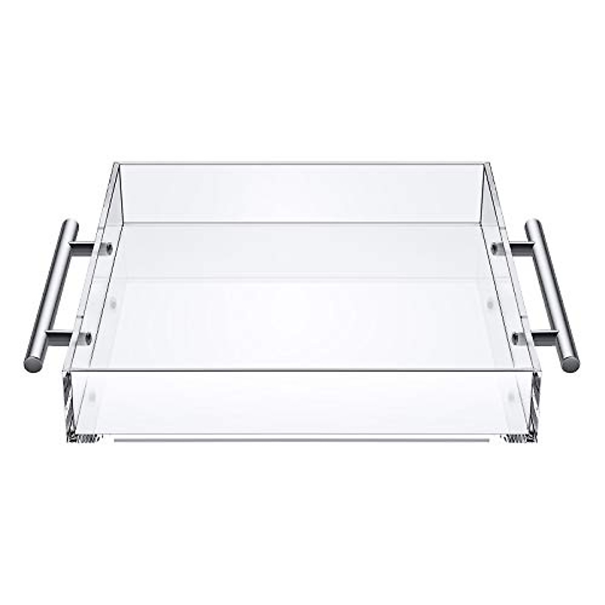 KINSONG Clear Acrylic Serving Tray 10x10 Inch,Silver Handle Breakfast Decorative Trays for Ottoman Coffee Table