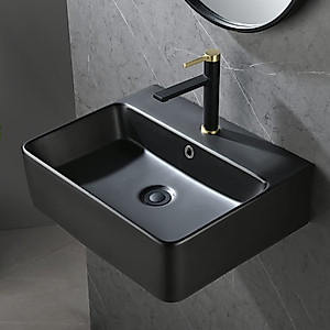 IKEBANA Wall Mount Sink Black,Modern Vessel Bathroom Sink 21"X 17",Modern Floating or Countertop Ceramic Washing Bathroom Sink,Black Rectangle Wall Mounted Lavatory Sink