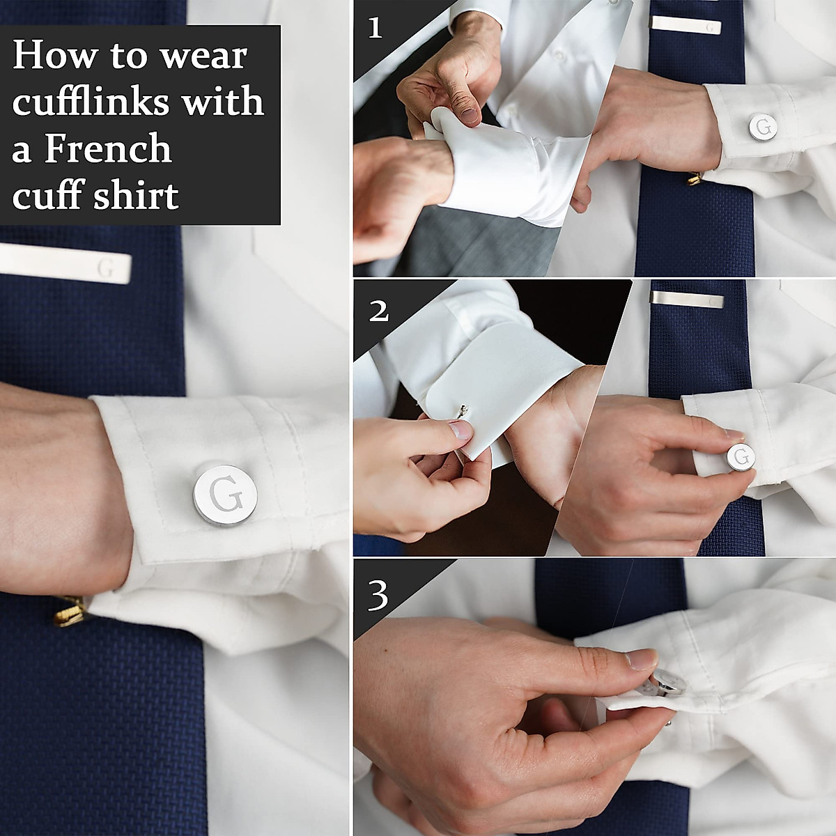 LOYALLOOK 4Pcs Stainless Steel Engraved Initial Cufflinks and Tie Bar Money Clip Set Personalized Button Shirt Initials Tie Clip Alphabet Letter A-Z for Best Man Groom Wedding Business Letter J