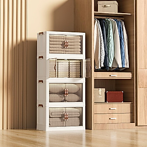 HOOBRO 11 Gal Plastic Storage Bins with Lids, 4 Tiers Folding Stackable Storage Bins with Doors and Wheels, Collapsible Storage Cabinet, Closet Organizers and Storage Containers, White WG442CW01