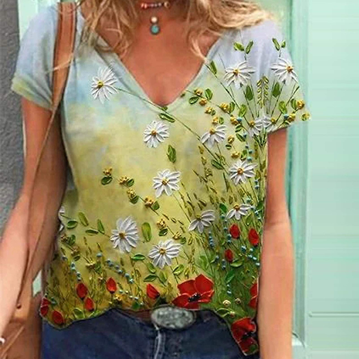 Bravetoshop Women Short Sleeve Shirts Graphic Printed Tees Tops Summer Casual V-Neck Tshirts Plus Size Blouse (Green,XL)