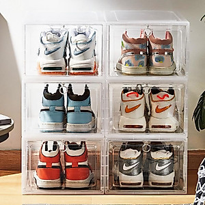 ANIMEWRLDS 6-Pack Clear Shoe Box Containers with Air Ventilation & Magnetic Door | Stackable, Durable, Transparent Storage for Sneakers, Heels, Boots, Bags & Fits up to Maximum Size of US12 (White)