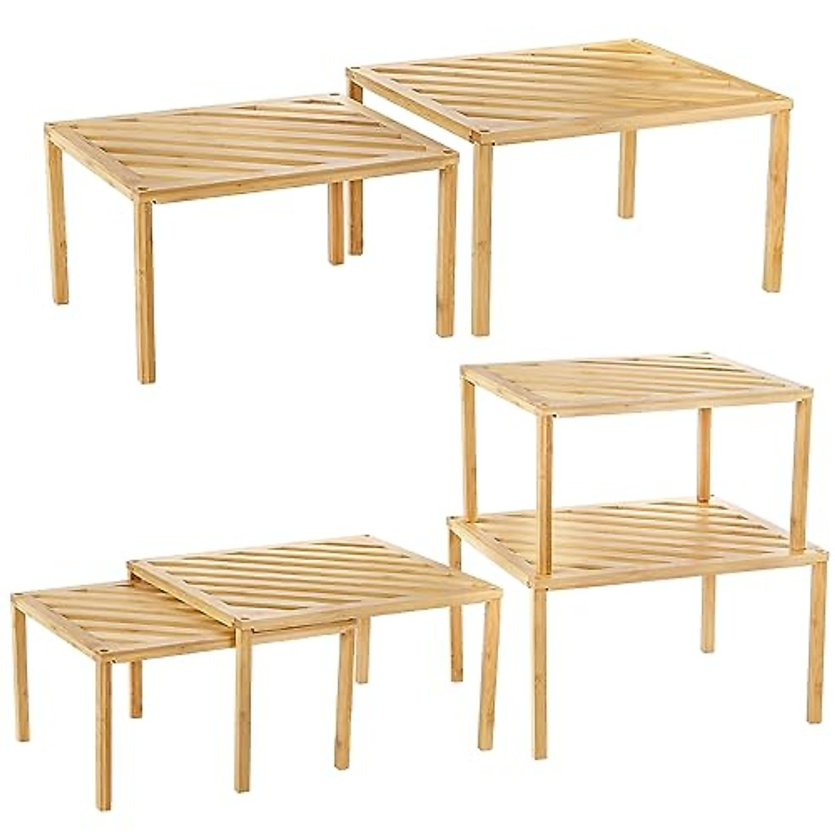 Hacaroa 2 Pack Stackable Bamboo Shelf, Expandable Cabinet Shelf Organizers, Sturdy Kitchen Counter Shelves, Stacking Shelves for Pantry, Countertop, Bathroom, 2 Size