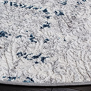 SAFAVIEH Amelia Collection 6'7" Round Grey/Blue ALA279F Damask Distressed Non-Shedding Dining Room Entryway Foyer Living Room Bedroom Area Rug