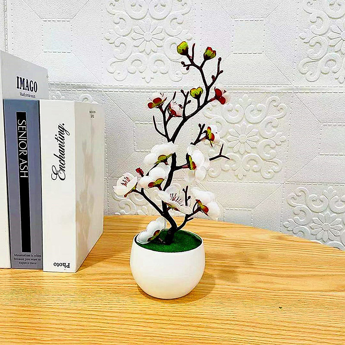 Artificial Flower in Pot Bonsai Realistic Anti Fade Faux Silk Flower Fake Plum Blossom Flower Plants Tabletops Potted Flowers Ornaments Home Hotel Garden Wedding Office Table Decoration White