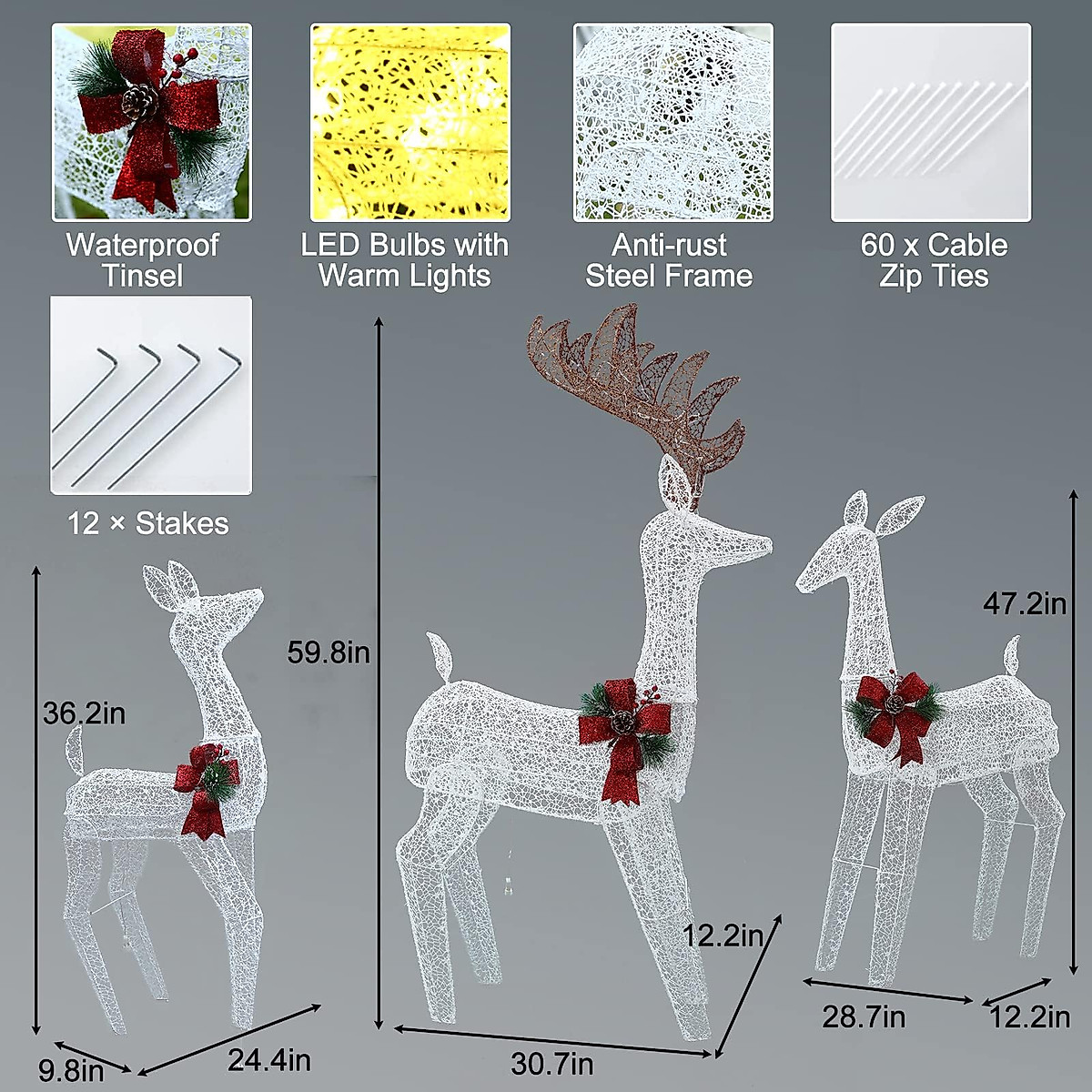 3-Piece Christmas Reindeer Family Set, Warm White Lighted Christmas Decoration Outdoor, Waterproof Christmas Deer Decor for Yard Patio Lawn Garden Party