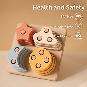 WOODEN TEETHER Silicone Stacking Sorting Toys for Baby and Toddlers Geometric Stacking Building Blocks Toys Montessori Early Educational Intelligence Block Puzzles for Infants