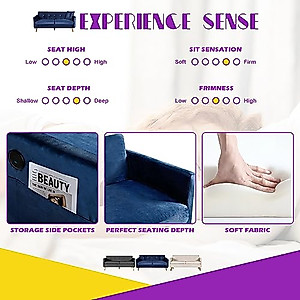 TYBOATLE 65" Modern Velvet Sofa Couch w/ 2 USB, Clear Glass Button Tufted Upholstered Love Seats for Living Room, Apartment, Bedroom (Blue)