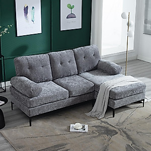 80 Inch Sectional Sofa, Modern Comfy Chenille L Shape Sofa with Chaise Lounge 3 Seat Sleep Sofa with Fluffy Armrests Deep Seat Sofa for Living Room Small Space Apartment(Grey)