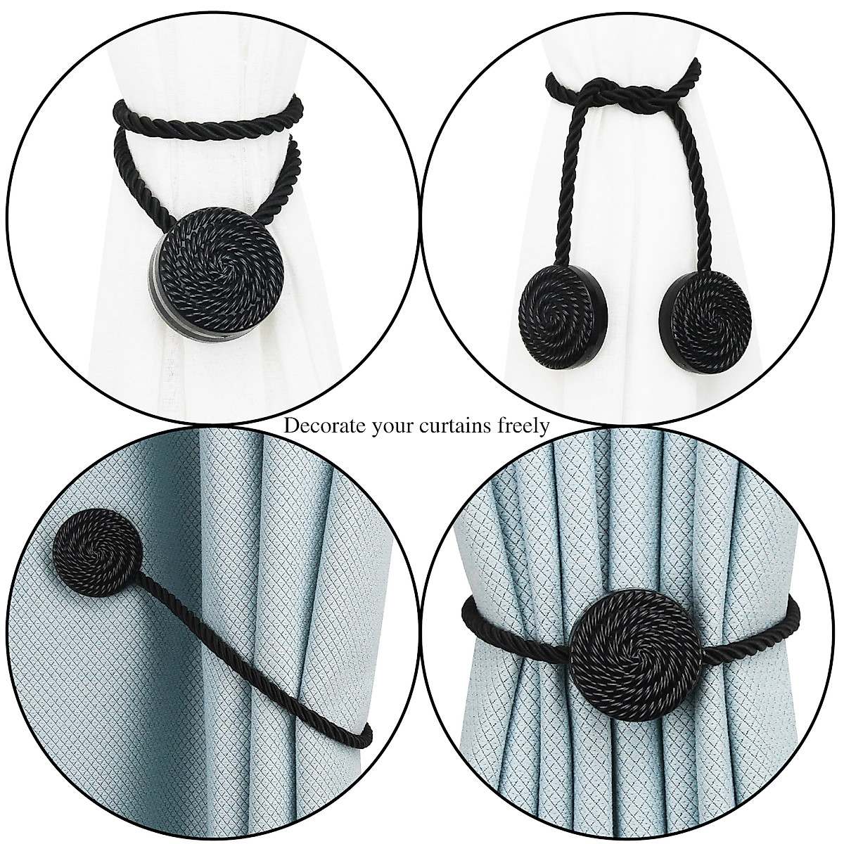 Hangtty Magnetic Curtain Tie Backs 4 Pack Rope Curtain Tiebacks Decorative Curtain Holders for Drapes Window Treatment Holdbacks Home Outdoor Curtain Tiebacks, Black