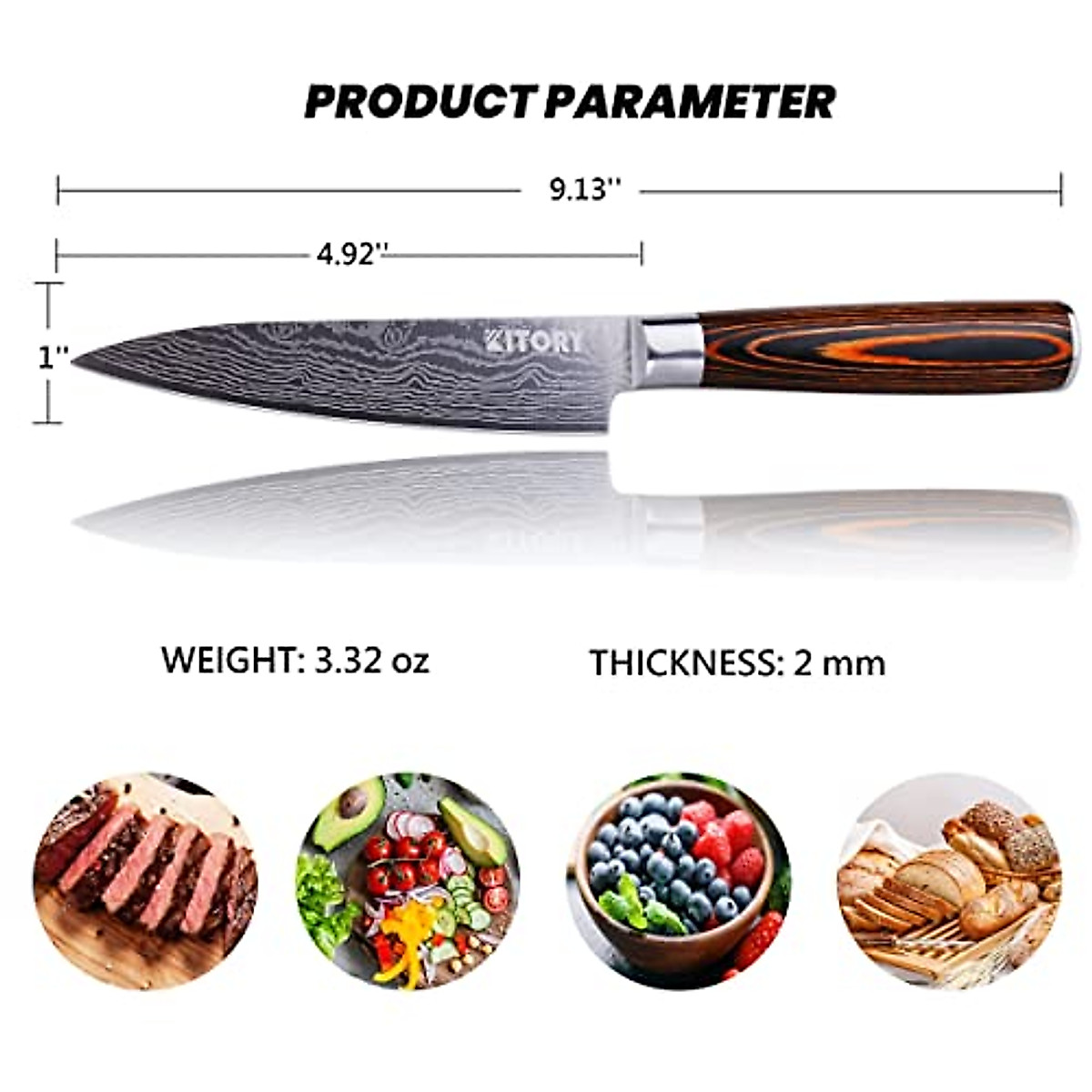 Kitory Kitchen Utility Knife 5 Inch Damascus Pattern Small Chef Knife with Sheath, German High Carbon Stainless Steel, Ergonomic Pakkawood Handle, Sharp Cooking Knife for Home&Restaurant