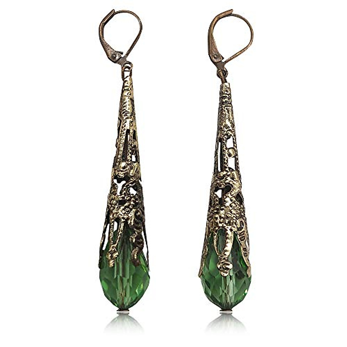 Indian Ethnic Vintage Silver Crystal Teardrop Dangle Drop Earrings Boho Gypsy Retro Rhinestone Hook Earrings for Women Love Gift (Green)