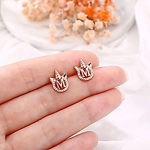 Unicorns Gifts for Girls, S925 Sterling Silver Post Rose Gold Plated Letter A Initial Stud Earrings Cubic Zirconia Hypoallergenic Unicorn Stud Earrings for Girls Women Unicorn Lovers Jewelry for Kids
