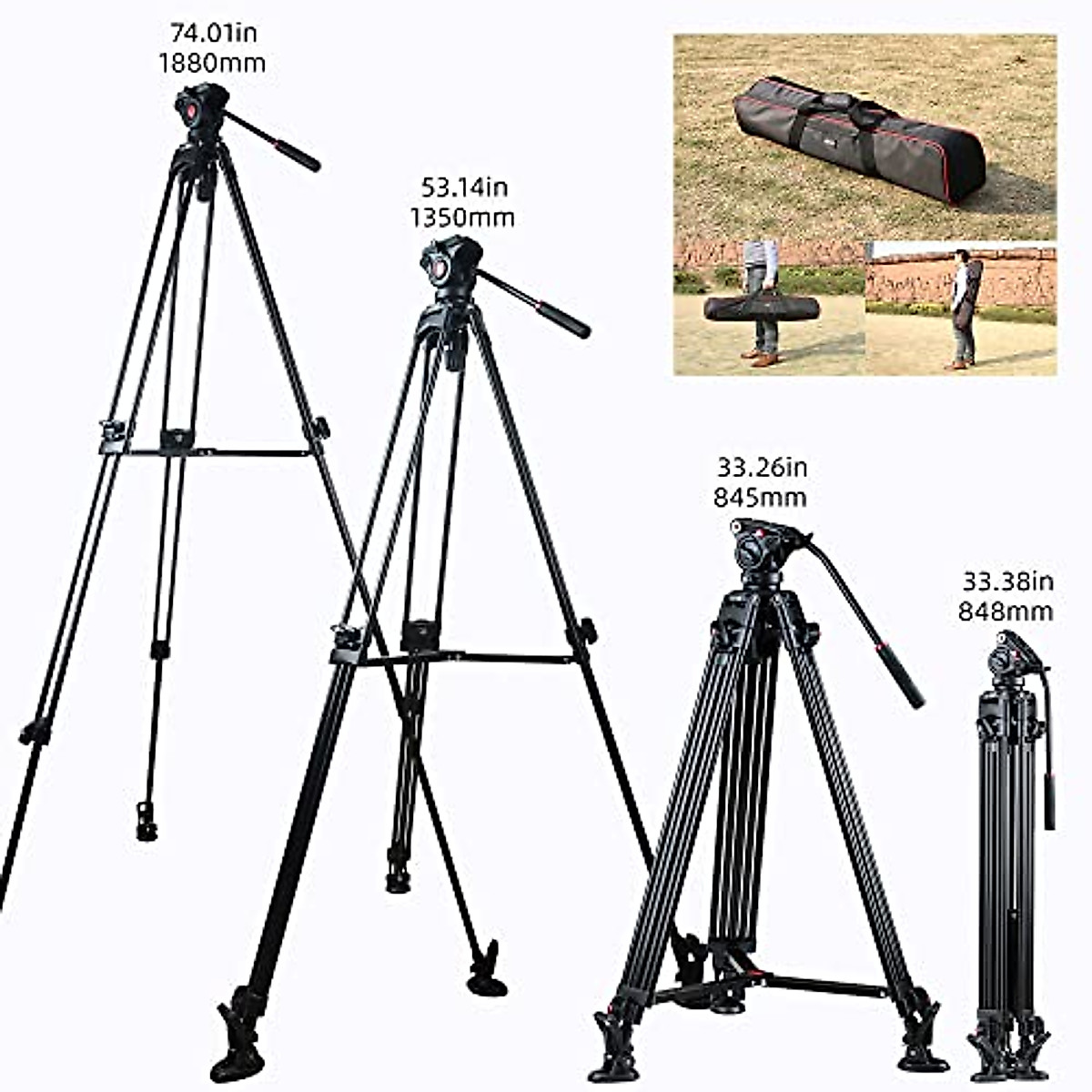 VILTROX VX-18M Professional Heavy Duty Video Camcorder Tripod with Fluid Drag Head and Quick Release Plate, 74" inch,Max Loading 10KG, with Carrying Bag,Horseshoe Shaped Bracket