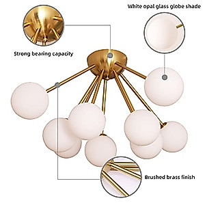 BAODEN Large 9 Lights Modern Globe Semi Flush Mount Ceiling Light Mid Century Sputnik Chandeliers with White Globe Glass Lampshade Brushed Brass Elegant Light Fixture for Living Room Lighting(Gold)