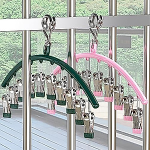 OUGETHER Clothes Hanger with 10 Clips Stainless Steel Laundry Drying Rack Windproof Sock Hanger Clip for Drying Bras Towel Underwear Diaper Baby Clothes (Green)
