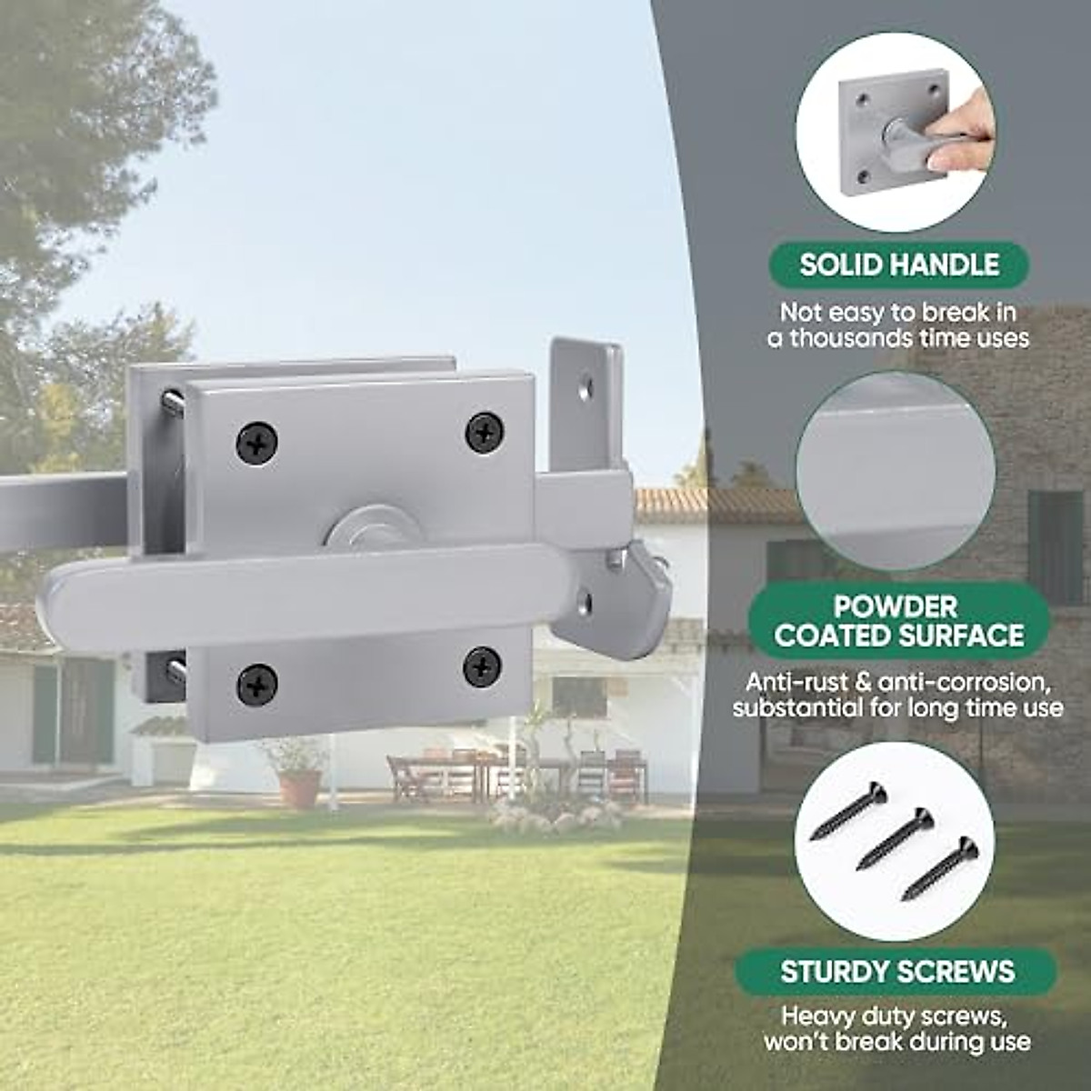 JUBEST Double Side Gate Latches, Heavy Duty Gate Latch Outdoor Fence Gate Hardware for Wooden Gates, Pool Gate, Backyard, Garden Gate, Silver