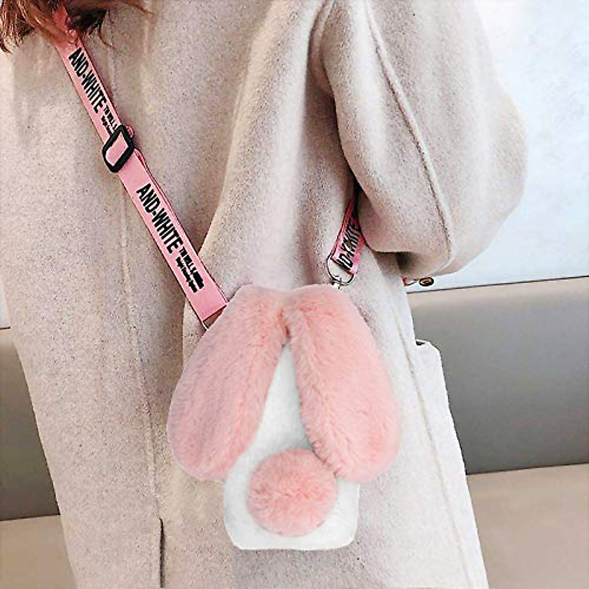 for iPhone Xs Max Rabbit Case,MOIKY Plush Crossbody Cute Fluffy Bunny Ears Hairball Winter Soft TPU Case for Women Bling Rhinestone Shockproof Silicone Bumper Protection Cover - Pink White