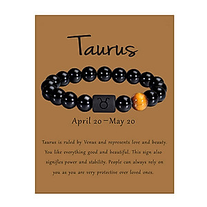 VLINRAS Zodiac Taurus Bracelet for Men Women Taurus Gifts Natural Black Onyx Stone Zodiac Charm Bracelet Constellation Horoscope Jewelry