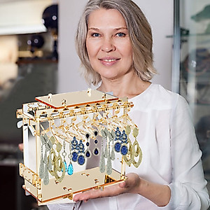 DELORIGIN Acrylic Earring Holder Stand Clothes Rack Shape Jewelry Display with 16 Clothes Hangers Dangle Earrings Organizer Ear Studs Display Rack for Retail Show 6.88 x 2.36 x 5.51 Inches