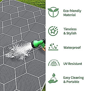 GENIMO Outdoor Patio Rug 6x9 Waterproof, Reversible Mats, Plastic Straw Area Rug, Geometric Rv Mat for Patio Camping Picnic Backyard Deck Balcony Porch Beach Trailer (Grey & White)