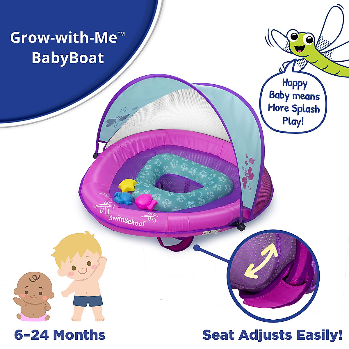 SwimSchool Deluxe Baby Pool Float with Adjustable Canopy - 6-24 Months - Baby Swim Float with Splash & Play Activity Center Safety Seat - Pink/Aqua