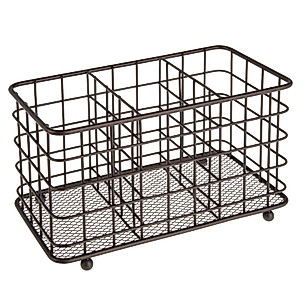 mDesign Farmhouse Modern Metal Wire Cutlery and Utensil Storage Organizer Bin for Kitchen, Pantry, Table and Countertop - Utensil Caddy Holds Forks, Knives, Spoons, Napkins - 3 Sections - Bronze