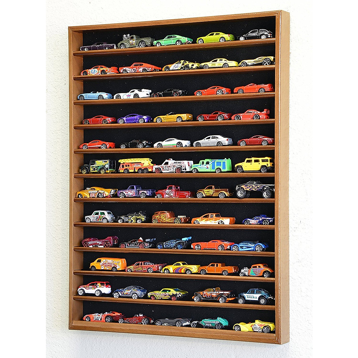 60 Hot Wheels Hotwheels Matchbox 1/64 Scale Diecast Model Cars Display Case - NO DOOR (Walnut Wood Finish)
