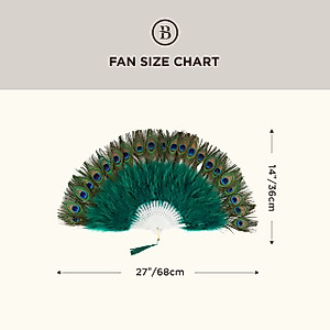 BABEYOND Roaring 20s Vintage Style Peacock & Black Marabou Feather Fan Flapper Accessories for Costume Halloween Dancing Party Tea Party Variety Show (Dark Green-White Rib)
