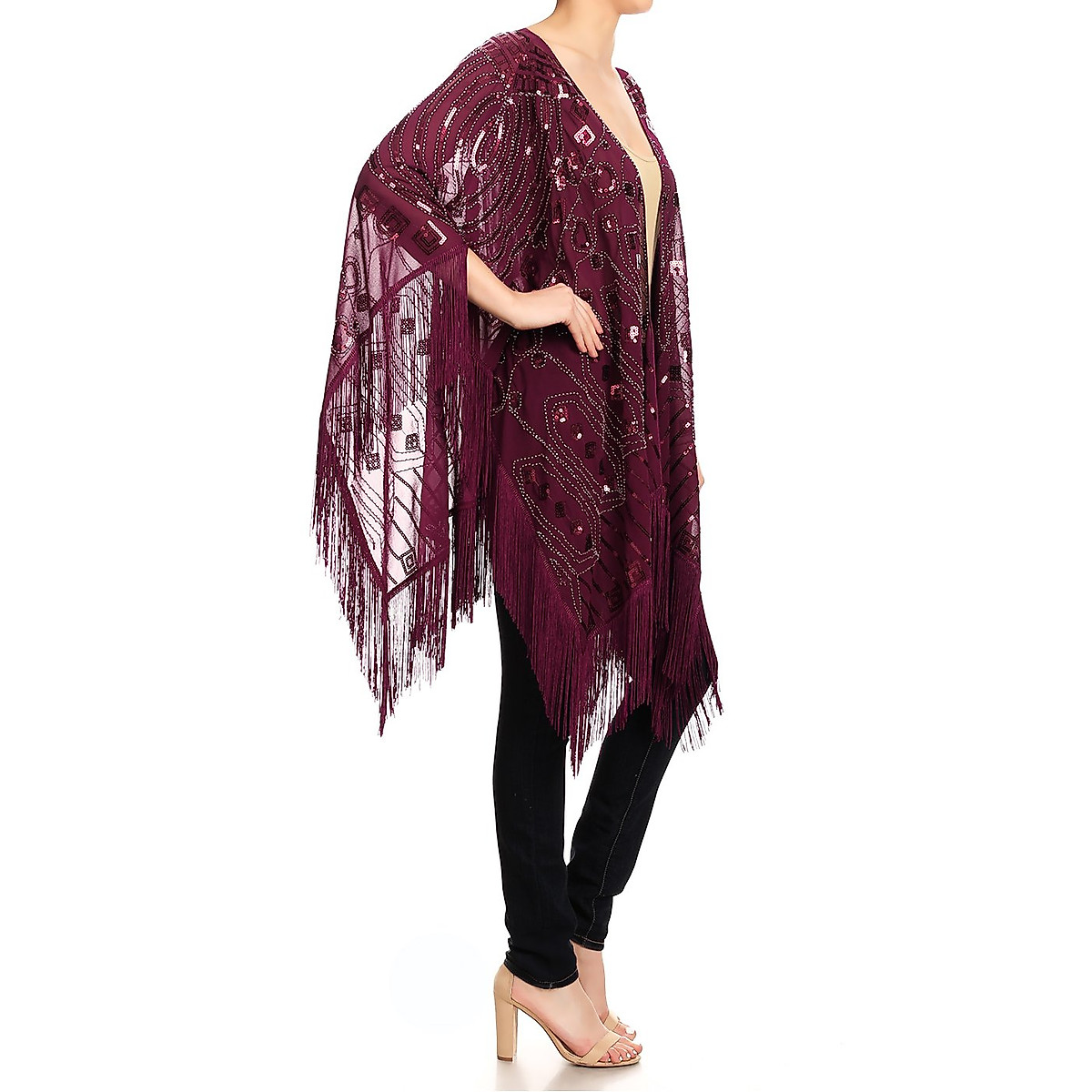Anna-Kaci Womens Oversized Gatsby Hand Beaded Fringed Sequin Evening Shawl Wrap, Burgundy, Onesize