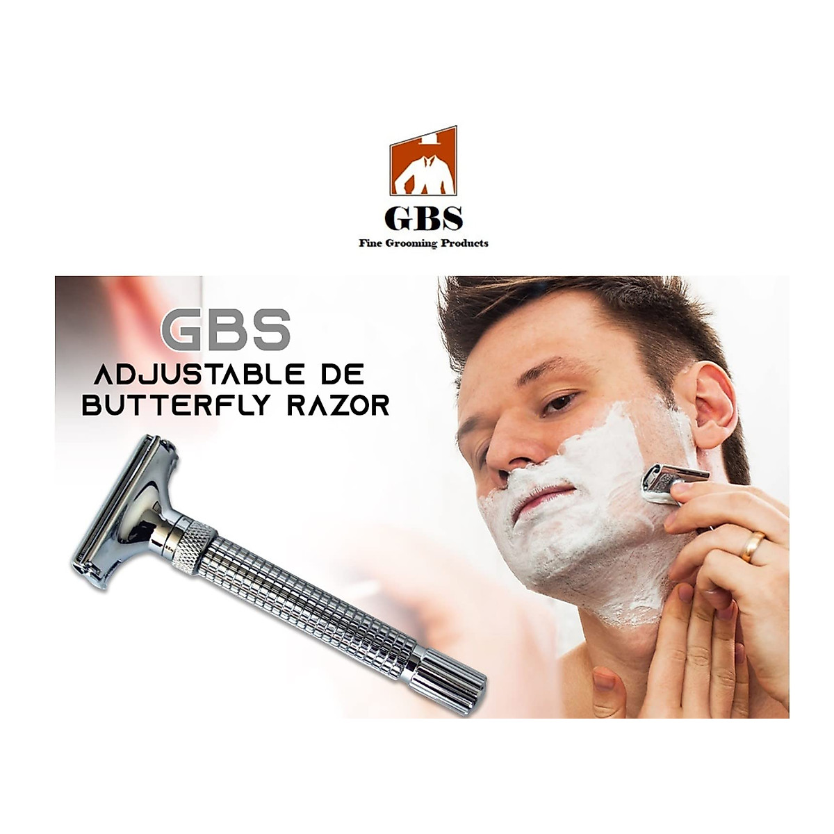 G.B.S Adjustable DE Butterfly Razor Stainless Steel Knurled Handle