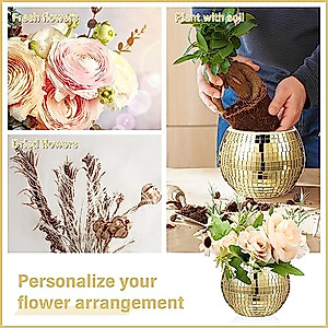 6 Pieces Disco Ball Flower Vase Mirror Disco Ball Glass Vase Disco Ball Planter Candle Holder Glass Vase Bulk for Wedding Centerpieces Bedroom Kitchen Office Decoration Birthday (Gold,3 x 4 Inch)