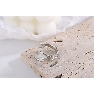 Leon Design White Gold Plated Sterling Silver Rings for Women Lava Flower Thick Silver Statement Ring Adjustable Open Irregular Ring Handmade Stacking Ring for Anniversary Birthday Gift